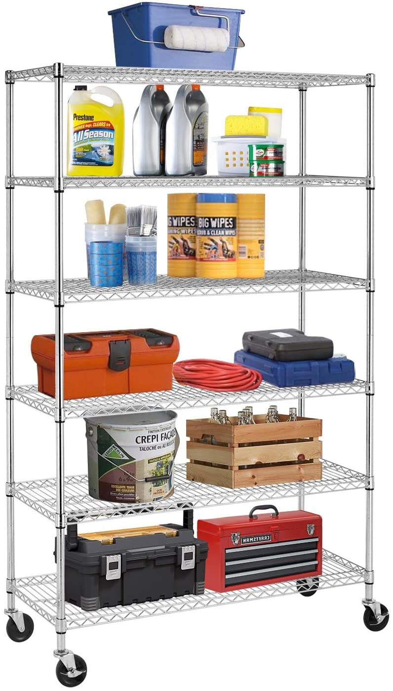 BestMassage with Wheels 6 Adjustable Heavy Duty Metal Shelves Storage Unit Shelf,6000 LBS 18x48x76, Chrome