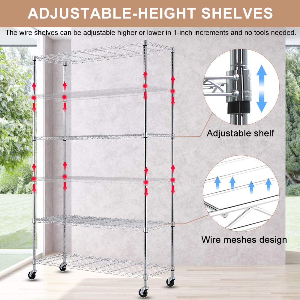 BestShop 6 Tier Wire Shelving Storage Metal Shelf Standing Shelf Units Height Adjustable Garage Shelving 48"x18"x82" with Wheels/Feet Levelers 2100lbs Capacity Commercial Shelving, Chrome