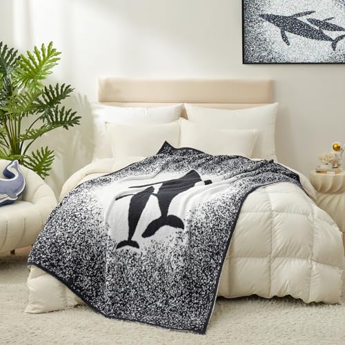 Snuggle Sac Whale Knitted Throw Blanket, Super Soft Reversible Fluffy Shark Plush Blankets, Luxurious Microfiber Whale Blanket Throw for Couch, Bed, Gift for Kids & Parents, Black, 50x60 inches