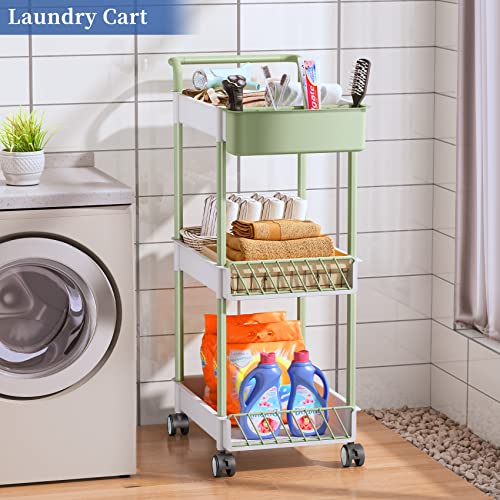 3 Tier Rolling cart, Utility Storage Cart with Hanging Basket, Easy Assemble Art Cart Craft Organizer for Office, Home, Kitchen, Classroom (White)