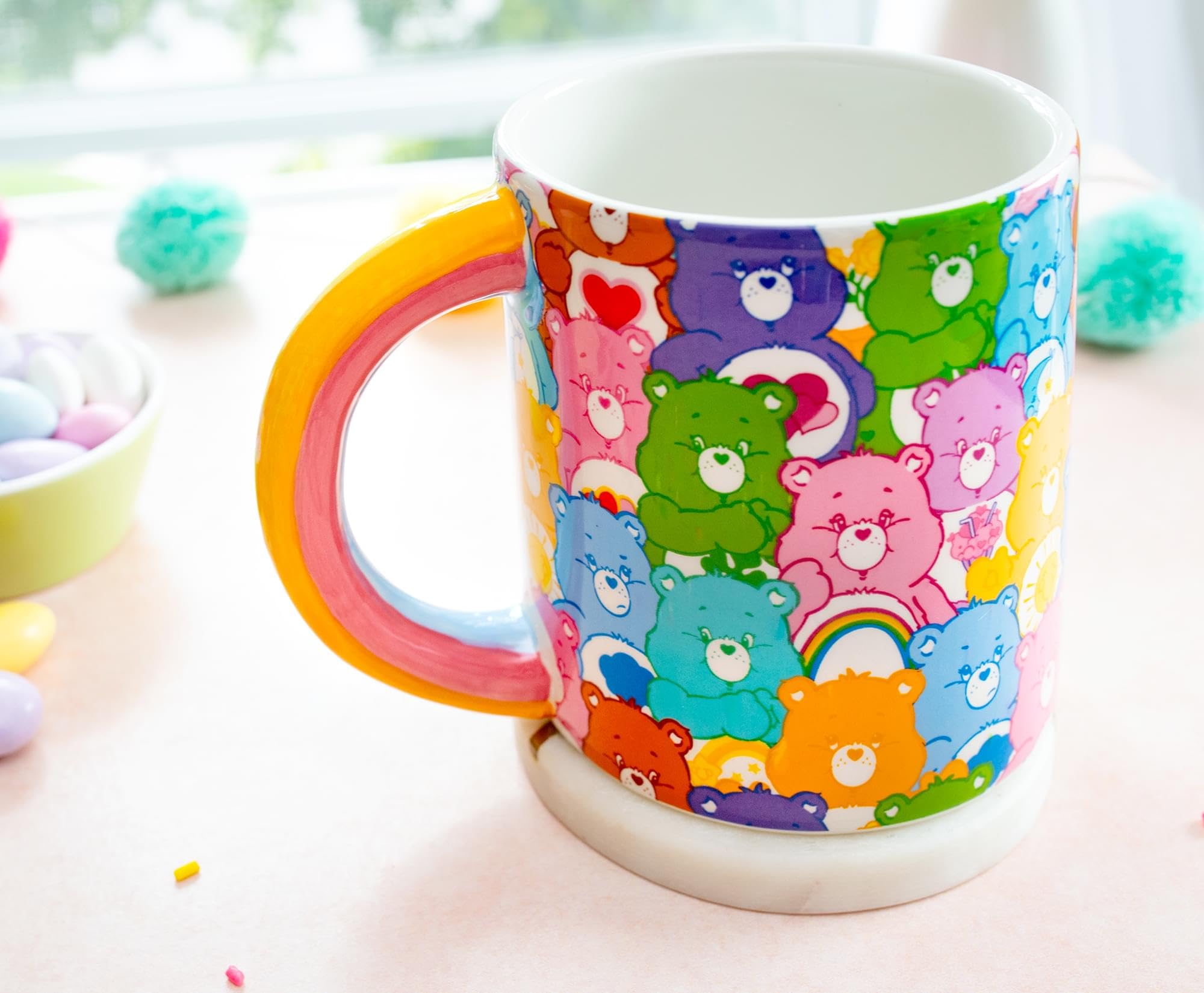 Care Bears Allover Print Ceramic Mug With Rainbow Handle | Large Coffee Cup For Tea, Espresso, Cocoa | Holds 20 Ounces