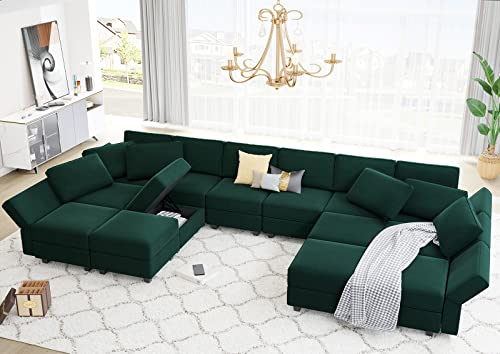 Belffin Oversized Modular sectional Sofa with Double Chaises U Shaped Sectional Sleeper Sofa Couch Reversible Sectional Sofa with Storage Velvet Green