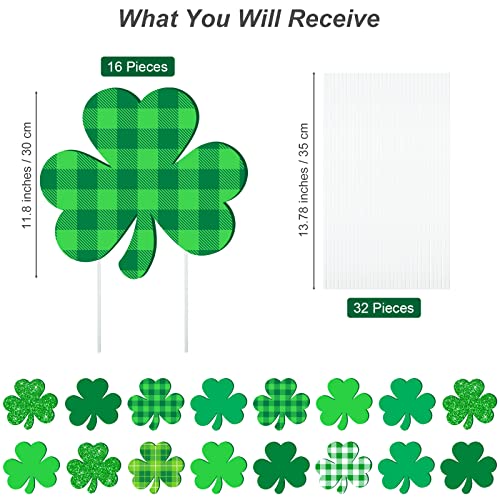 ADXCO 16 Pieces St. Patrick's Day Yard Signs Waterproof Shamrock Yard Signs with Stakes 2 Styles Green Plaid Glitter Outdoor Lawn Walkway Decorations for St. Patrick's Day Party, Home, Garden