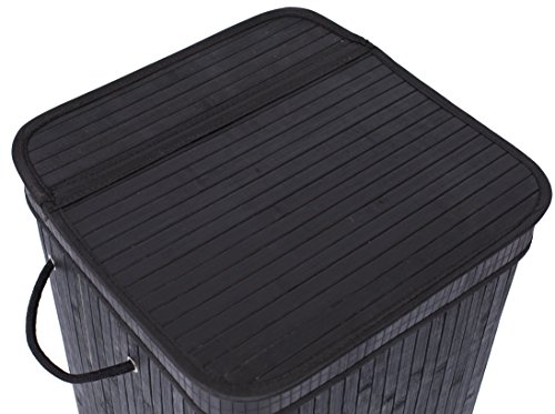 BIRDROCK HOME Square Laundry Hamper with Lid and Cloth Liner - Bamboo - Black - Easily Transport Laundry Basket - Collapsible Hamper - String Handles