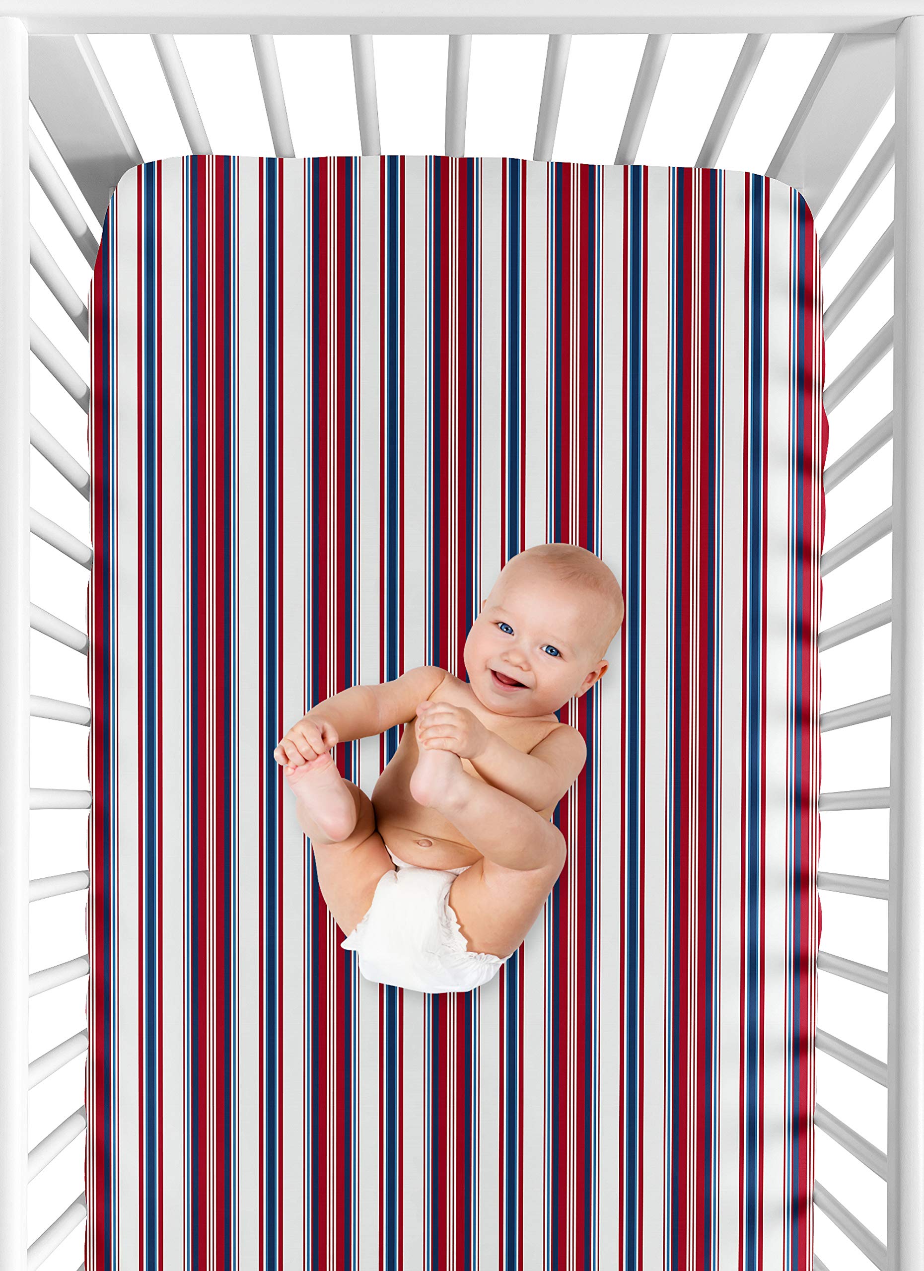 Sweet Jojo Designs Red, White and Blue Striped Baby or Toddler Fitted Crib Sheet for Baseball Patch Sports Collection