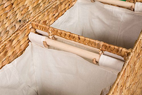 BirdRock Home Water Hyacinth Laundry Hamper Divided Interior (Natural) - Eco Friendly - Made of Hand Woven Hyacinth Fibers - Includes Two Removable Cotton Liners Bag - Wicker Laundry Basket with Lid