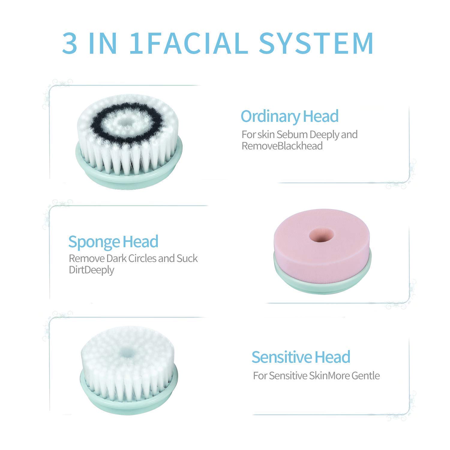 UBBETTER Face Brush Facial Brush Rechargeable Rotating Waterproof Cleansing Brush Set NEW style 2 Speeds With 3 Brush Heads Blackhead Remover Exfoliating Massage