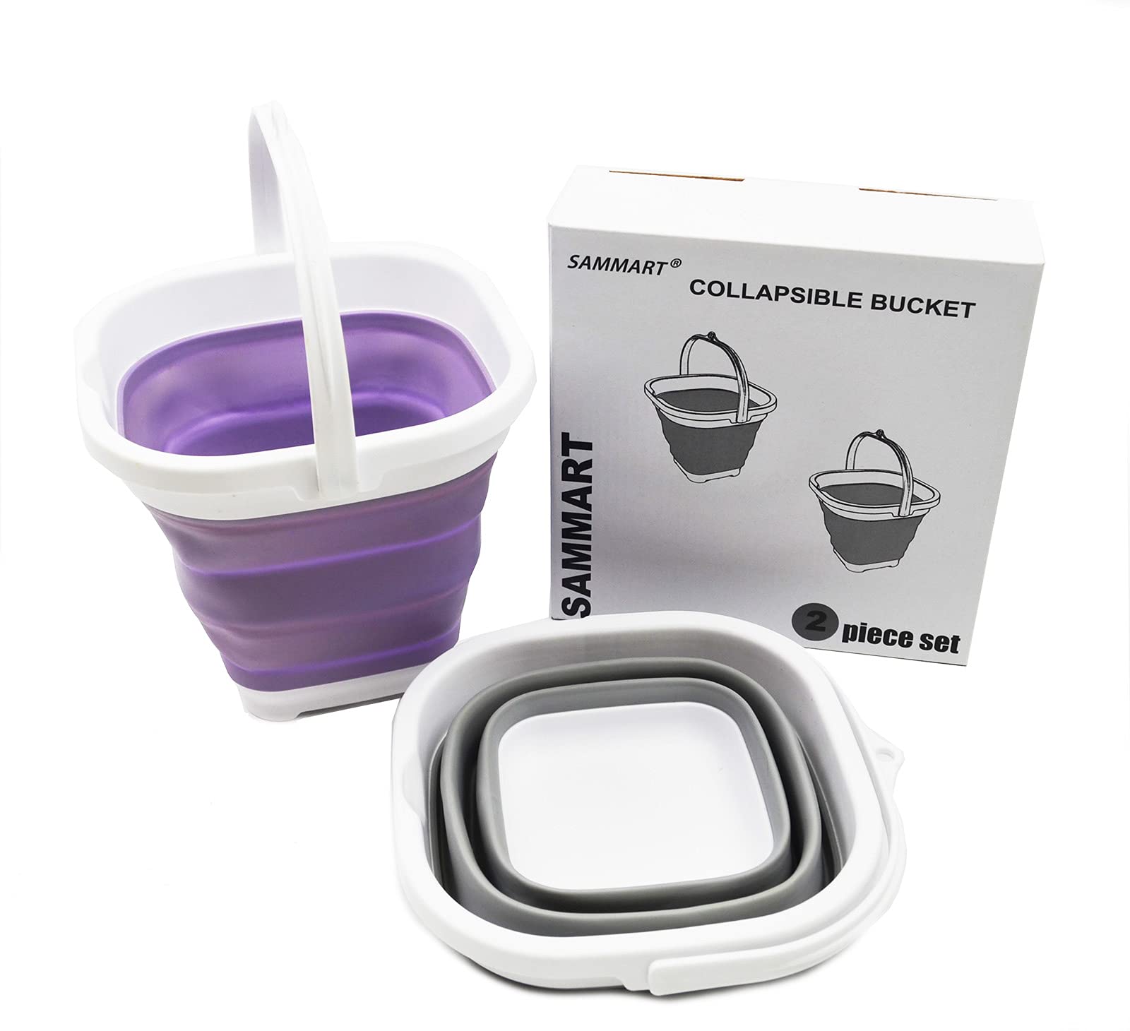 SAMMART 2.6L (0.68 Gallon) Super Mini Square Collapsible Plastic Bucket - Foldable Square Tub - Portable Fishing Water Pail - 2 Pieces Box Pack (Grey + Purple)