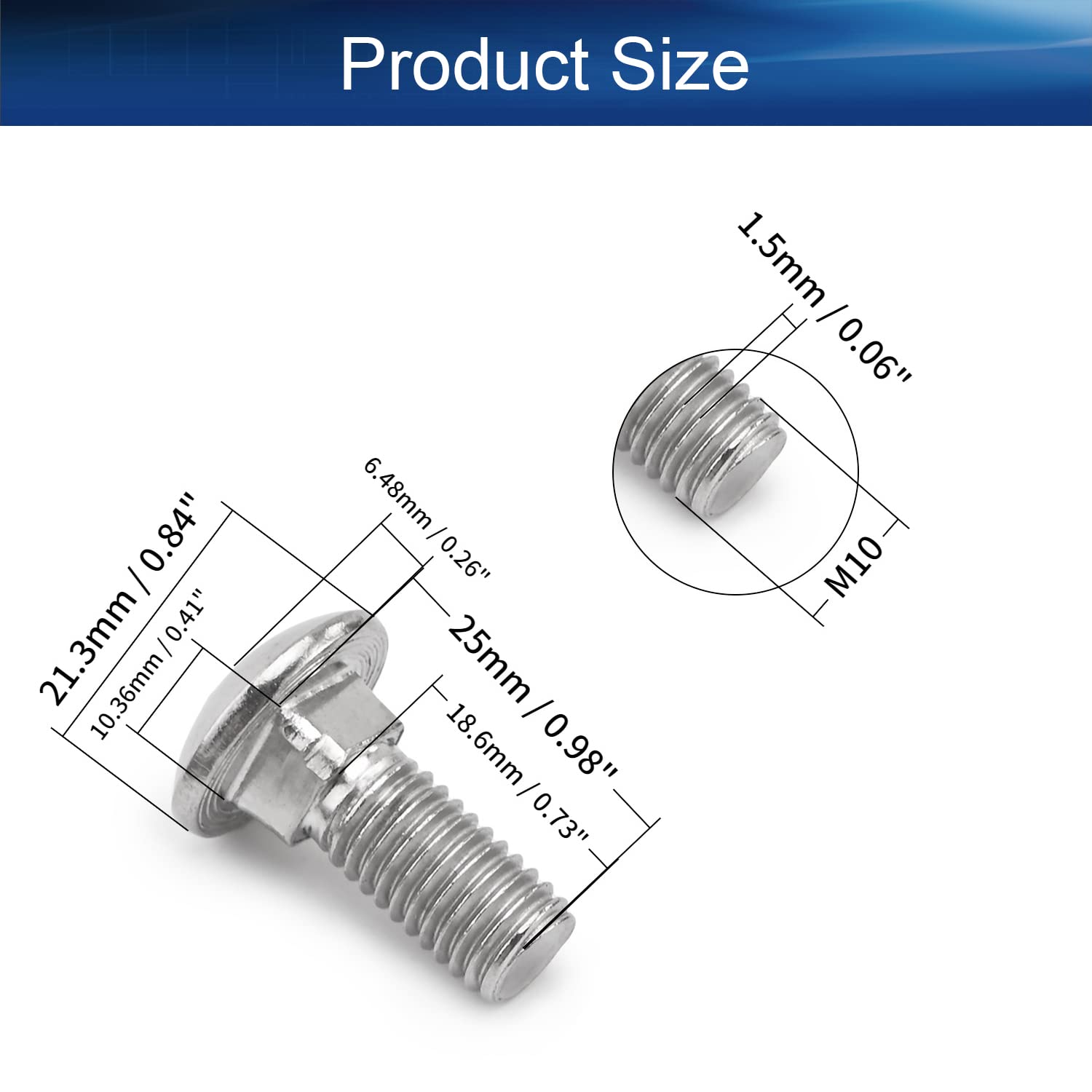 Yinpecly 12Pcs M10×25mm 1.5mm Pitch Length 304 Stainless Steel Round Domed Head Square Neck Carriage Bolts Silver Tone