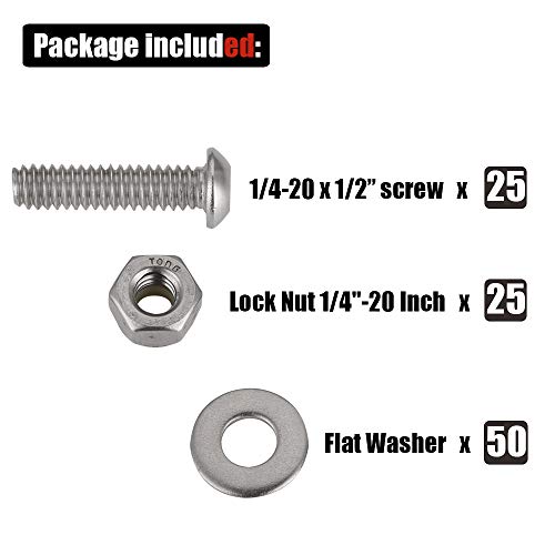 JQK 1/4-20 x 1 Button Head Socket Cap Screws, Allen Socket Drive,1/4 x 5/8 OD Fender Flat Washer, 1/4-20 Lock Nut with Nylon Insert Sets, 304 18-8 Stainless Steel, 25 Pack, SNS100-P25