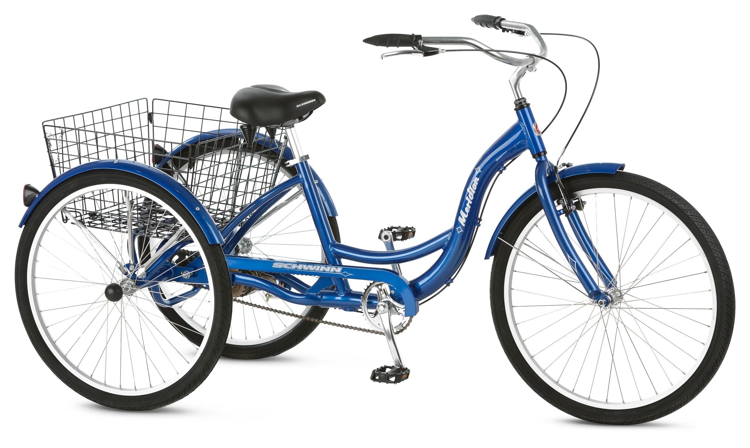 Schwinn Meridian Adult Tricycle Bike, Mens and Womens Three Wheel Beach Cruiser, 26-Inch Wheels, Low Step-Through Frame, Wide Seat, Rear Folding Basket, Single-Speed, Blue