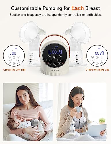 Besrey Double Electric Breast Pump: 200% EFFICIENT with Double Pump & Double Valve, 3 Modes 9 Levels, Memory Function, 10 Breastmilk Storage Bags & 21mm/24mm Flanges Breastfeeding Pump