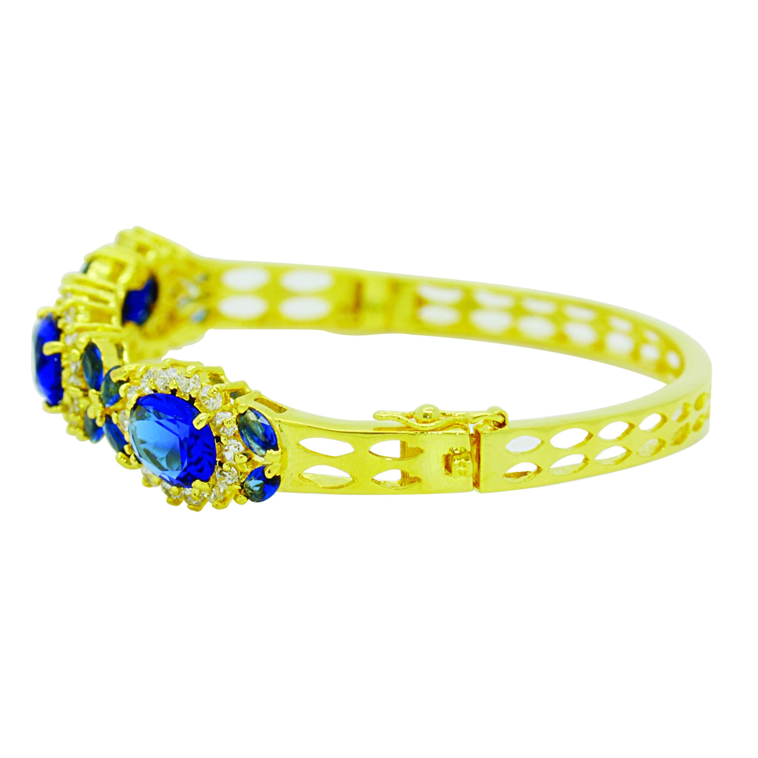 22k 24k Yellow Gold Plated Women Rare Thai Flower Cubic Zirconia Cz AAA Syn Blue Sapphire Bracelets Cuff Bangle 5 Mm 5.5 Cm