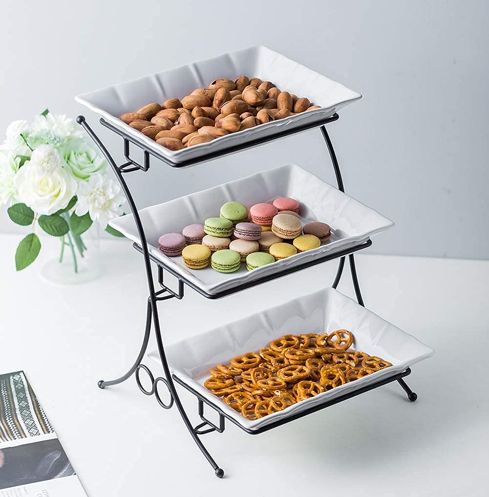 3 Tier Serving Stand Tiered Oval Bowl Stand with 3 Oval Porcelain Serving Bowl Set with Collapsible Thicker Sturdier Metal Rack (Black)