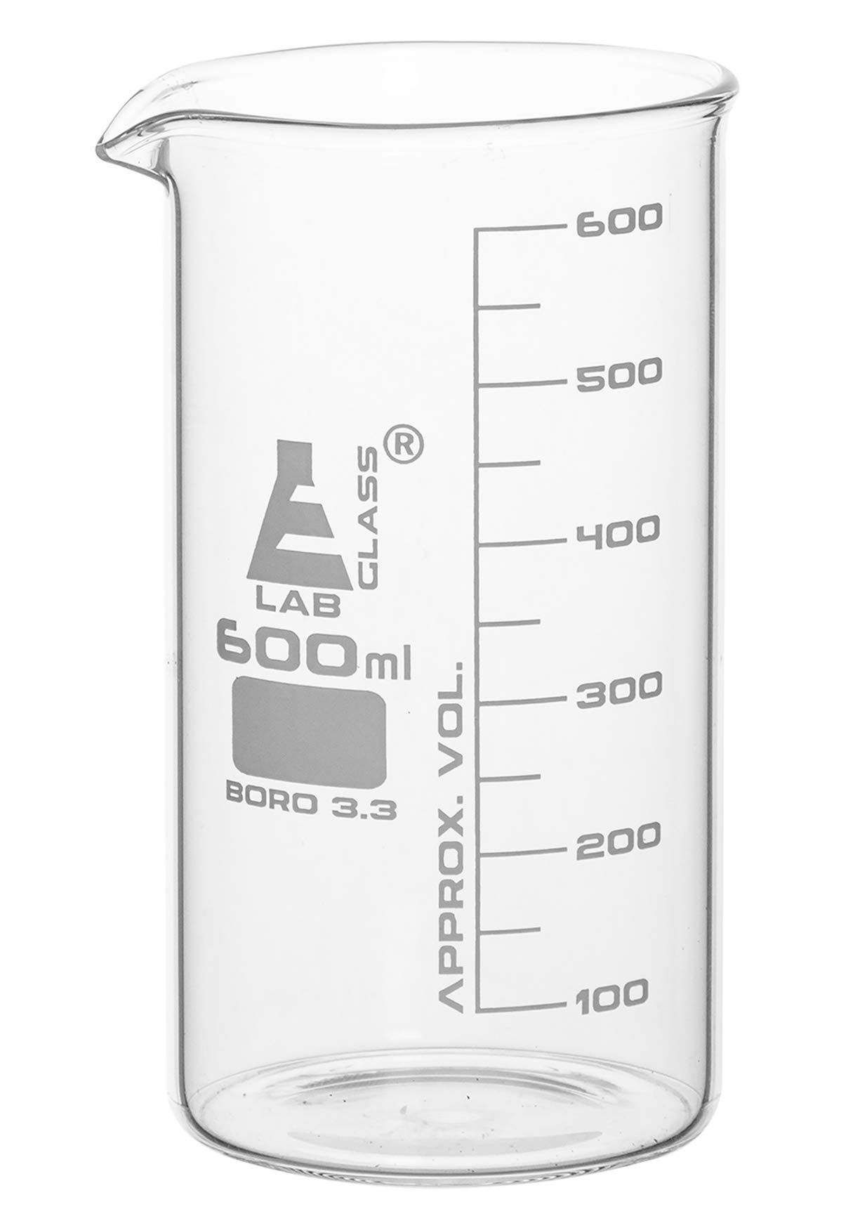 EISCO 6PK Beakers, 600ml - Tall Form with Spout - White, 50ml Graduations - Borosilicate 3.3 Glass