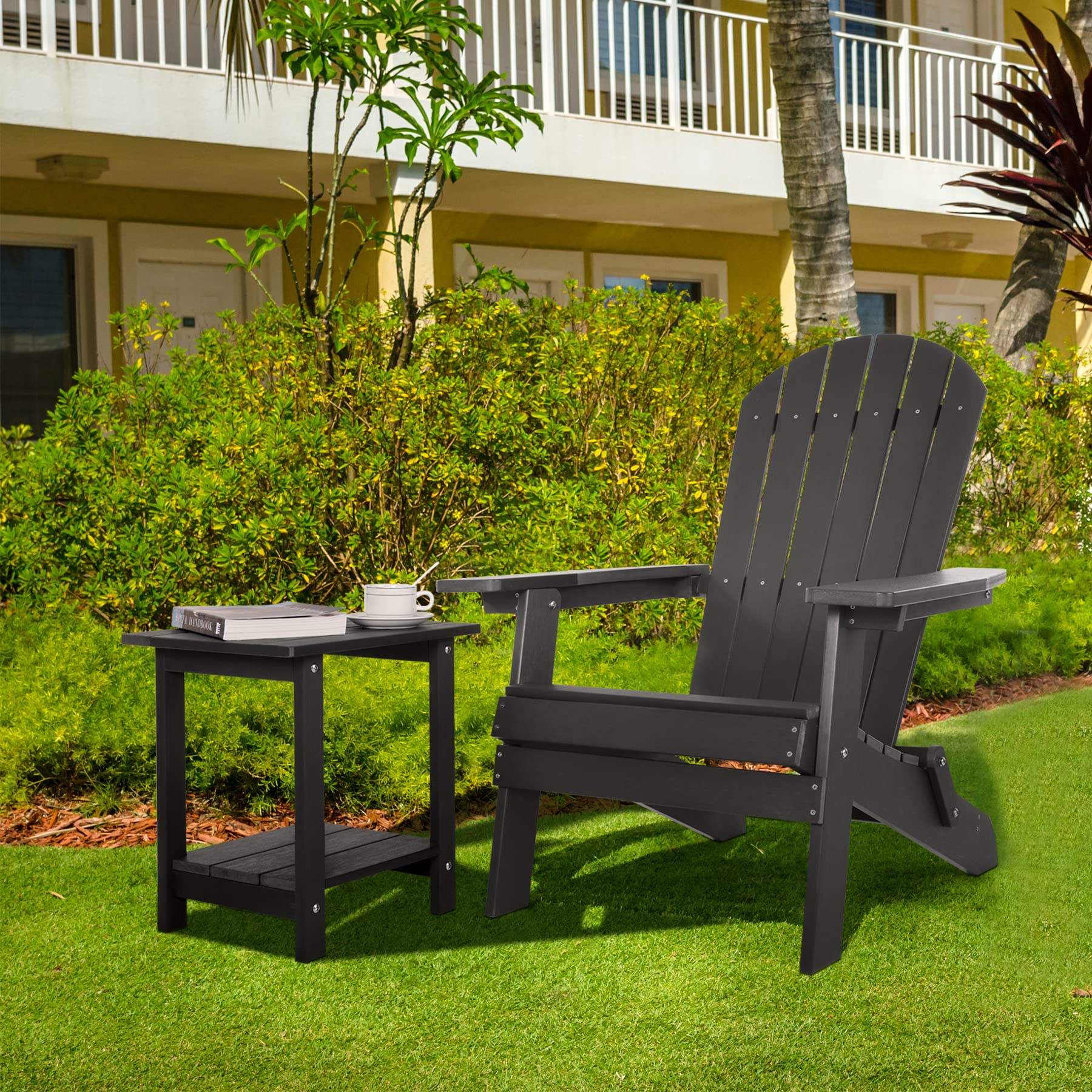Meluvici Double Adirondack Side Table Weather Resistant, Outdoor Rectangular End Table for Adirondack Chair, Black with Wood Grain