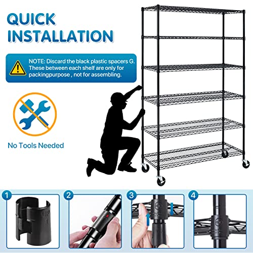 Dkelincs 6 Tier Wire Shelving Unit with Wheels 48" X 18" X 76" Metal Storage Shelves Height Adjustable NSF Heavy Duty Commercial Grade Garage Shelf Rack for Kitchen Basement Restaurant,Black