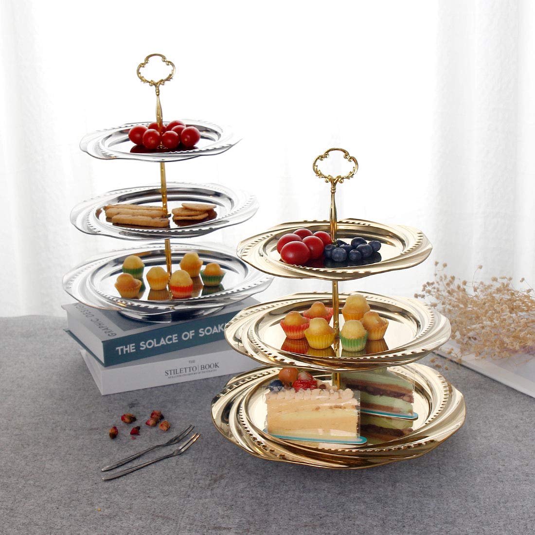 3 Tiered Serving Stand -Stainless Steel Cake Stand Fruits Desserts Buffet Plates Serving Tray Cupcake Stand for Wedding, Birthday Party & Tea Party Gift Christmas Decoration (Silver)