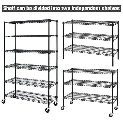 Dlewmsyic 6 Tier Storage Shelves, 5999 Lbs Capacity Metal Shelf with Wheels Height Adjustable NSF Certification 48" L×18" W×72" H Heavy Duty Wire Shelving Units for Garage Pantry Kitchen Rack, Black