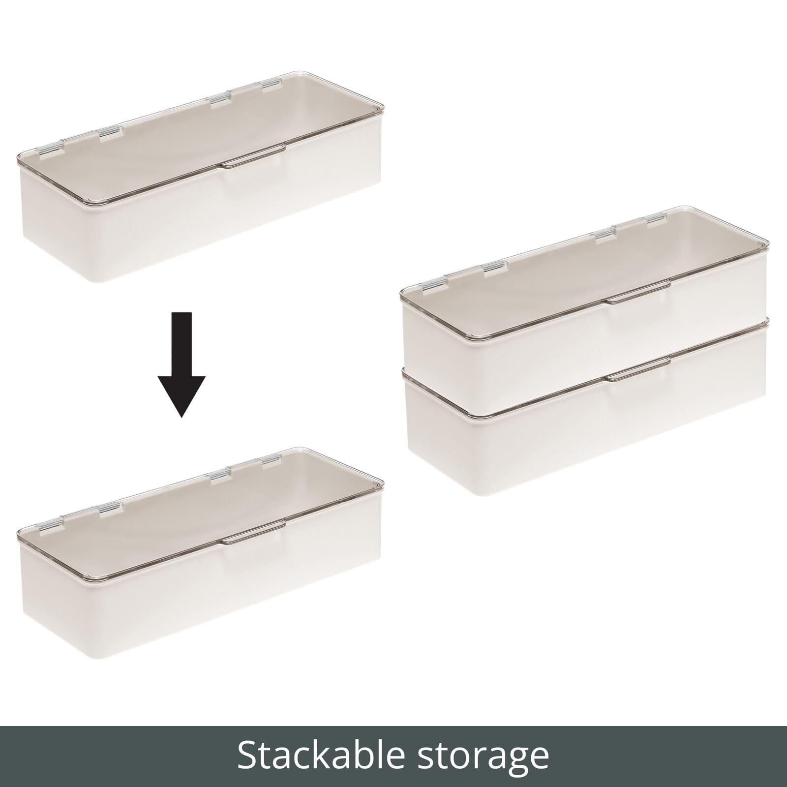 mDesign Long Plastic Cosmetic Storage Organizer Box Containers, Hinged Lid for Bedroom, Bathroom Vanity Shelf or Cabinet, Holds Masks, Palettes, Lotion, Nail Polish, 2 Pack, Cream/Beige/Clear