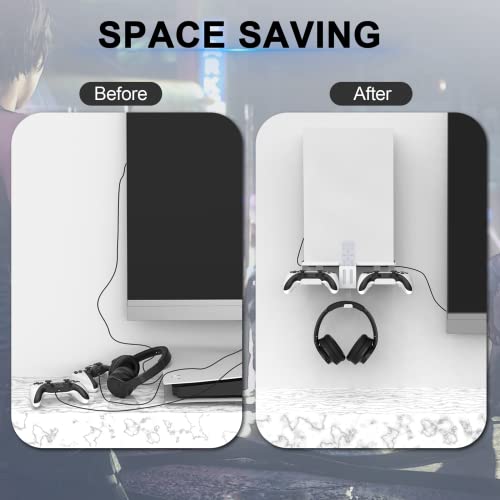 BELOPERA Ps5/Ps4 Wall Mount kit, 6-in-1 PS5 (Disc and Digital) Metal Wall Mount Stand with 2 Detachable Controller Hanging Bracket/Headset Hanger/Remote Box/Charging Cable β White
