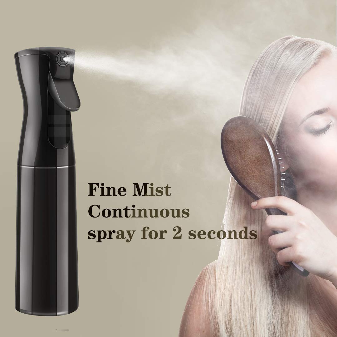 Spray Bottle for Hair 10oz Mist Spray Bottle, Continuous Spray Bottle 360 Misting Stylist Sprayers for Barber, Empty Mister Spray Bottle for cleaning, Planting, Hair styling (Black)