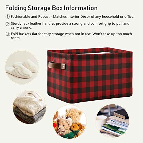 ALAZA Merry Christmas Plaid Buffalo Large Storage Basket with Handles Foldable Decorative 1 Pack Storage Bin Box for Organizing Living Room Shelves Office Closet Clothes