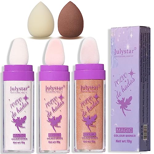 3 Colors Polvo De Hadas Highlighter Powder, Body Brightens Face Blusher Patting Makeup Glitter Stick with Sponge Set for Hair Cosmetic