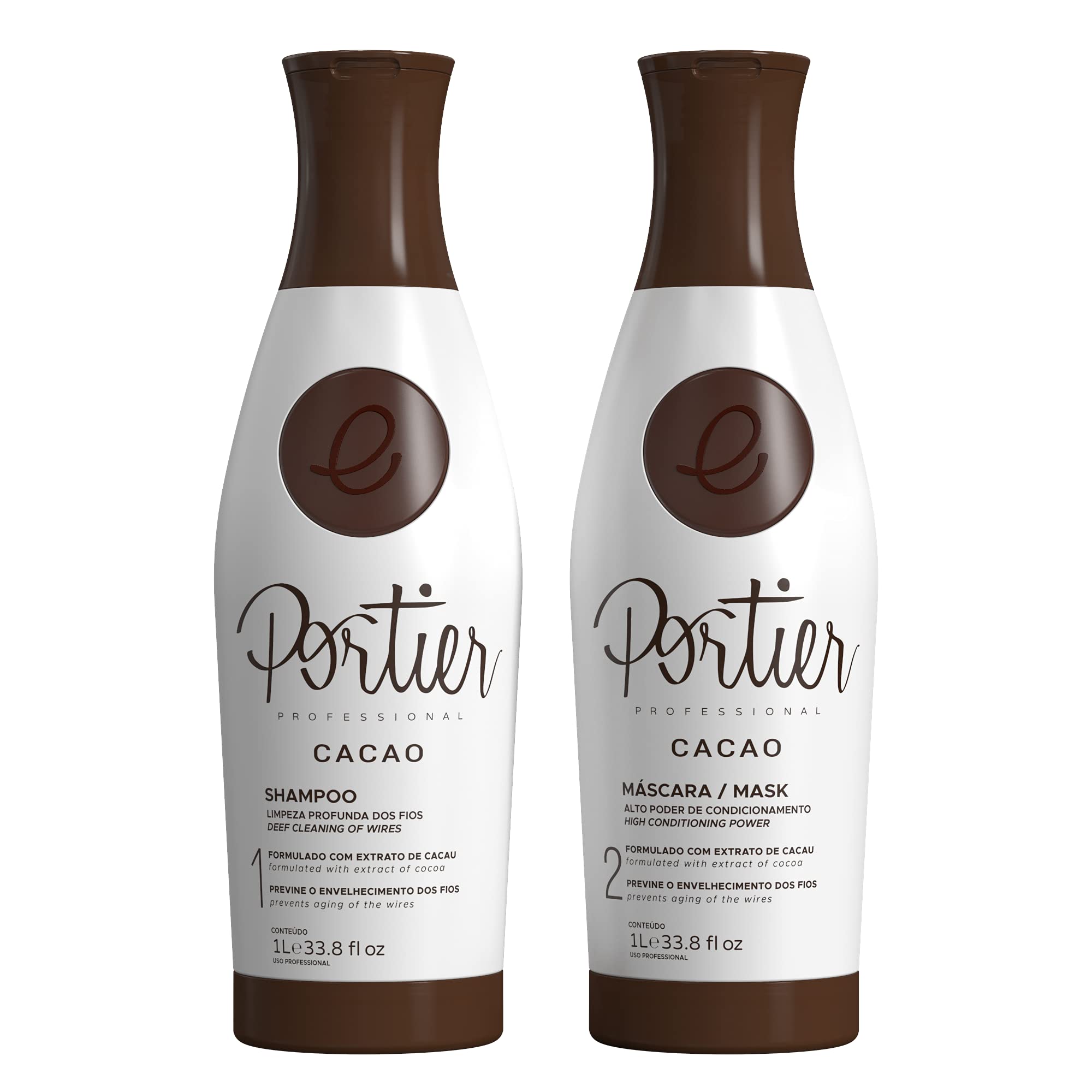 Portier Cacao Shampoo and Brazilian Hair Mask for Dry, Damaged Hair, Advanced 2-Step Treatment, Smoothing and Moisturizing Haircare for Curly, Color Treated, or Frizzy Hair. Each Bottle is 34fl.oz/1L