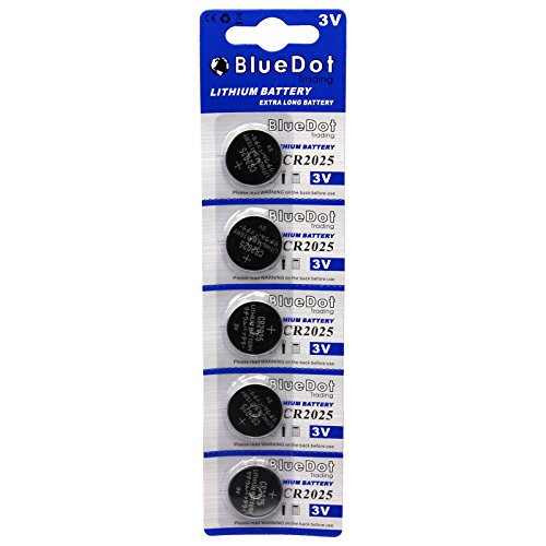 BlueDot Trading CR2025 3 Volt Lithium Button Coin Cell Long-Lasting Batteries for Watches, flameless Candles, calculators, and Many Other Devices, Pack of 5