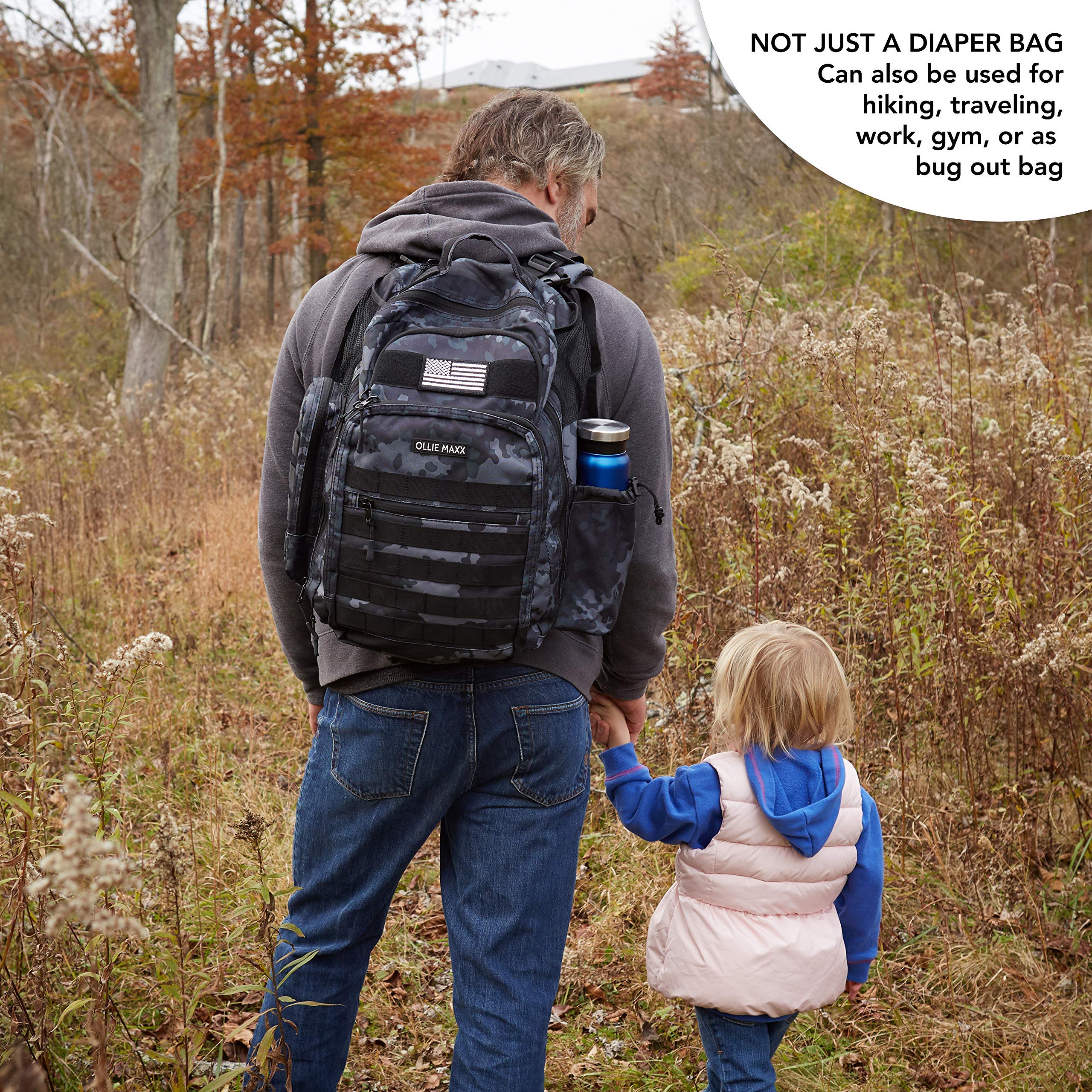Diaper Bag Backpack for Dad - Baby Backpack - Dad Gear - Baby Accessories for Men - Tactical - Changing Pad, Wipe Dispenser, Stroller Straps, Military Camo with Flag Patch and Insulated Pockets