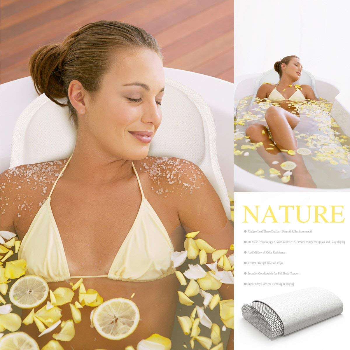 Idle Hippo Full Body Bath Pillow with No-Slip Suction Cups, Extra Wide Spa Bathtub Mattress for Neck Shoulder and Back Support, Headrest Cushion Hot Tub Accessories for Adults - 49'' x 19''