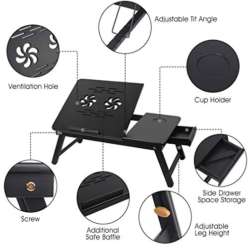 Bamboo Laptop Desk,Serving Bed Tray Breakfast Table with Folding Legs,Multifunctional Table with Cup Holder,Floor Desk Notebook Stand with Tilting Top Storage Drawer,Black (Black)
