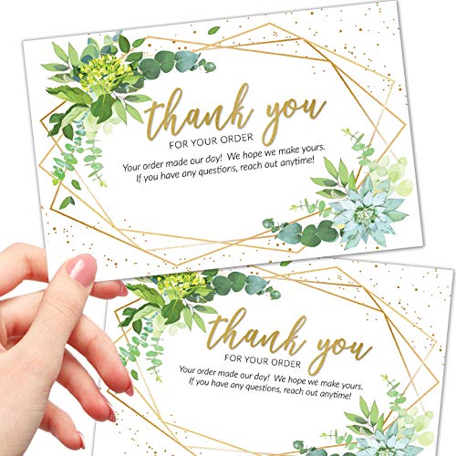T Marie 50 Large 4x6 Green Thank You Postcards Small Business Supplies for Boutique Shops - Faux Gold and Greenery Thank You For Your Order Cards and Thanks For Supporting My Small Business Cards - Bulk Thank You For Shopping Cards
