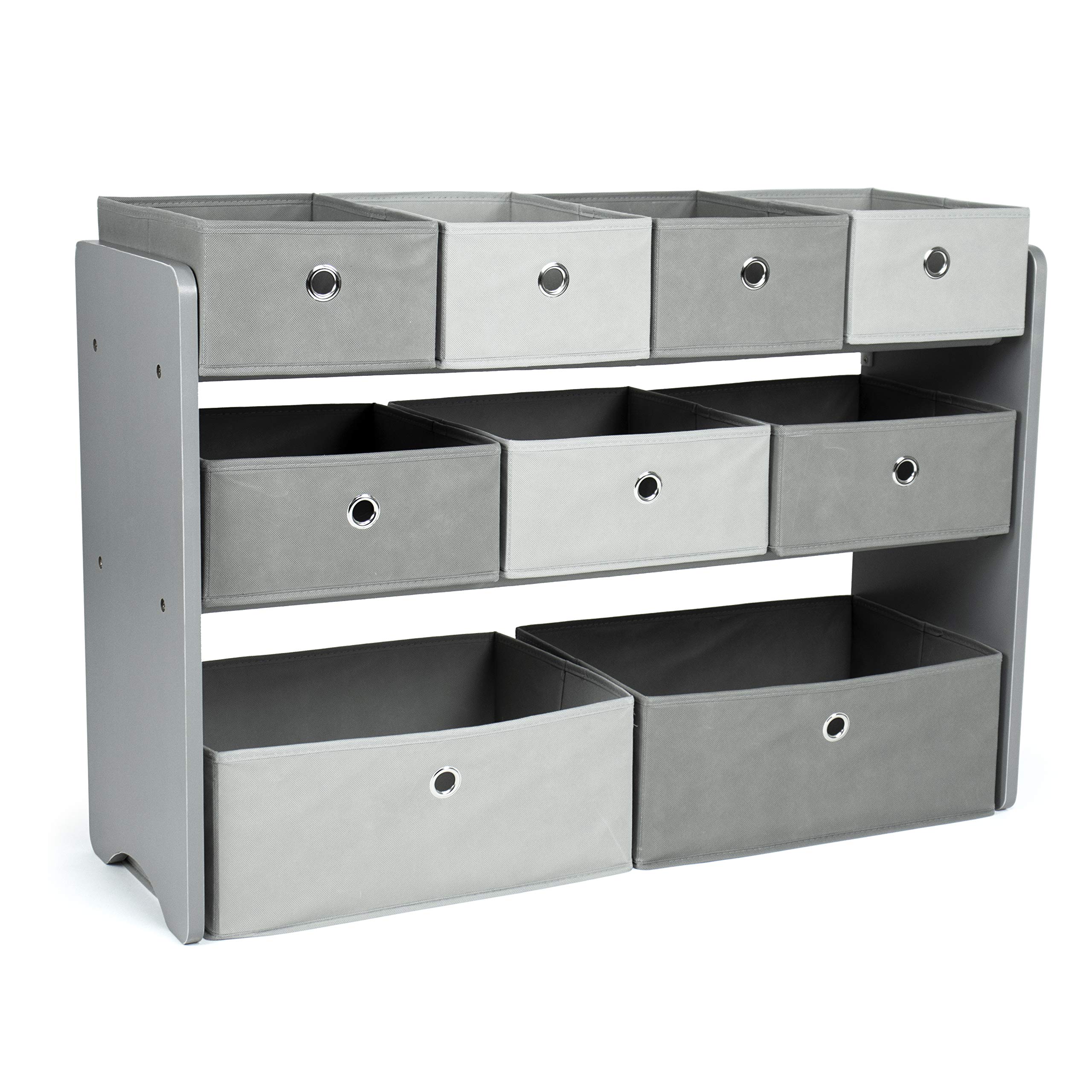Humble Crew Kids Toy Organizer with 9 Storage Fabric Bins, Grey & Grey/White Kids Book Rack Storage Bookshelf, 4 Tiers