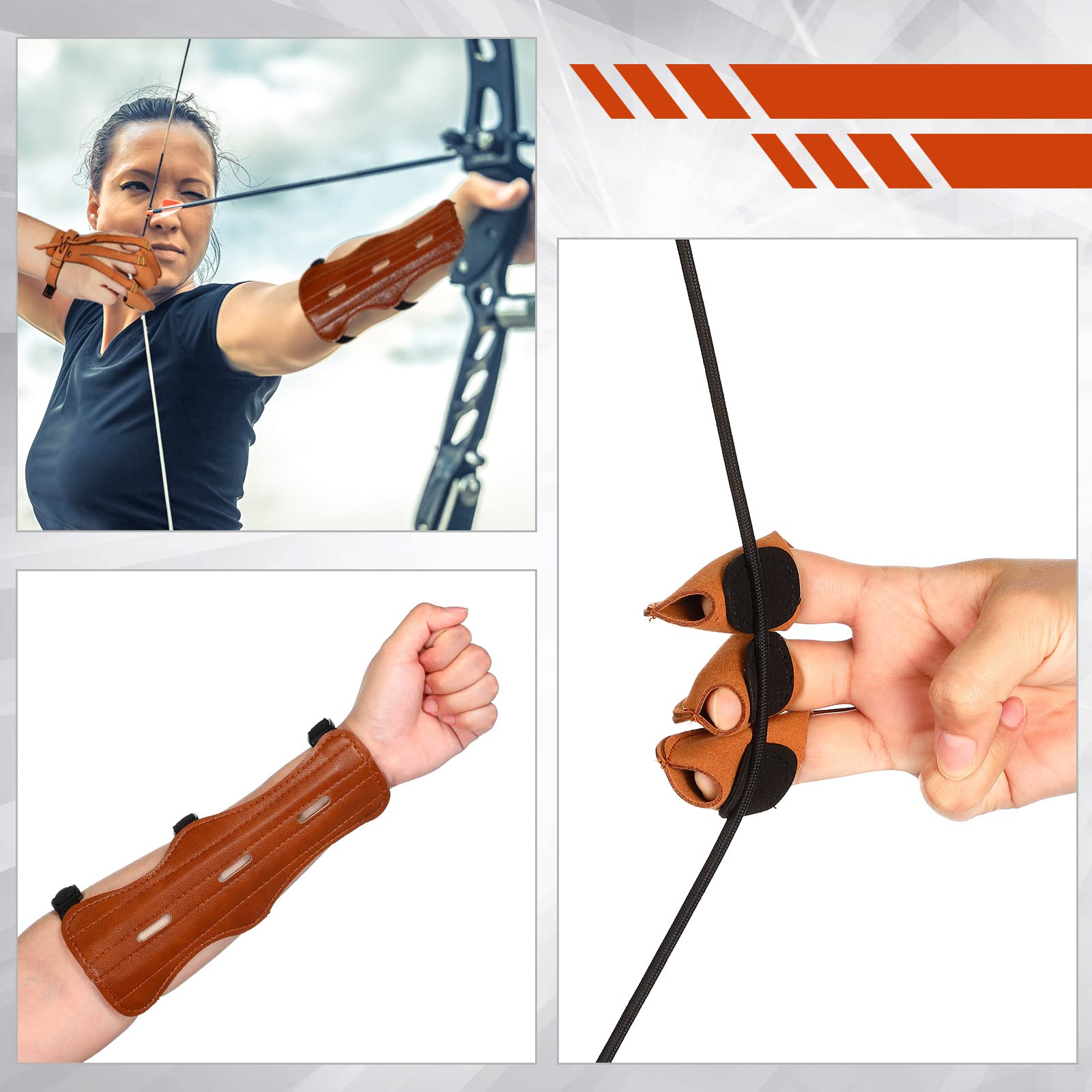 3 Straps Arm Guard with 3 Finger Glove Set Adjustable Archery Arm Guards Archery Glove Non Slip Protective Archery Accessories for Adult Unisex Recurve Compound Long Bow Hunting Target Shooting, Brown