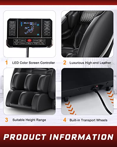 BILITOK Massage Chair Recliner with Zero Gravity, Full Body Massage Chair with Heating, Bluetooth Speaker, Airbags, Foot Roller, Touch Screen, Space-Saving for Office,Faux Leather (Black)