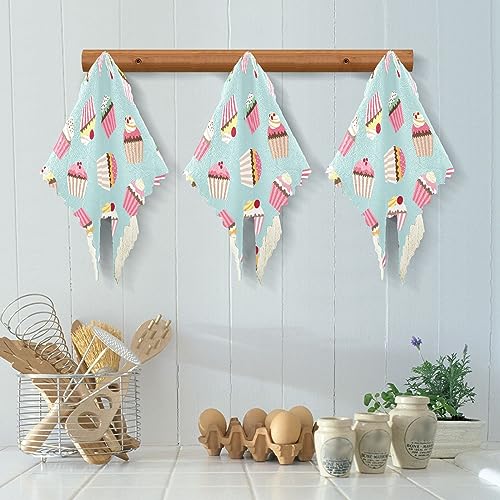 ALAZA Cute Cupcake Dish Towels Set of 6,Dish Bar Tea Towel Dishcloths Washable Fast Drying Dish Cloth Reusable Cleaning Cloth,11 x 11 inches