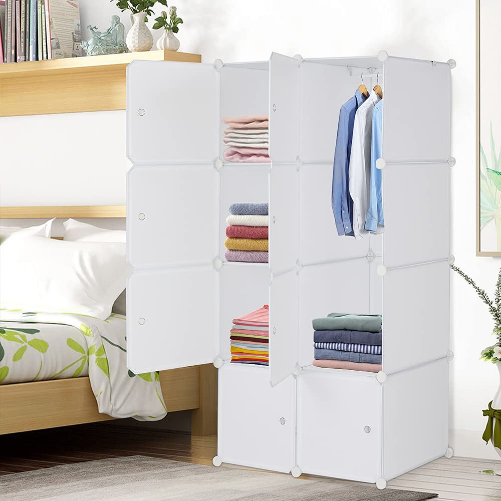 Portable Wardrobe Closet, Modular Plastic Clothes Storage Cabinet Chest w/ Doors, Organizer Cube DIY Bookshelf Combination Armoire for bedroom, living room, Black (30-Cube & 6 Hanging Section)