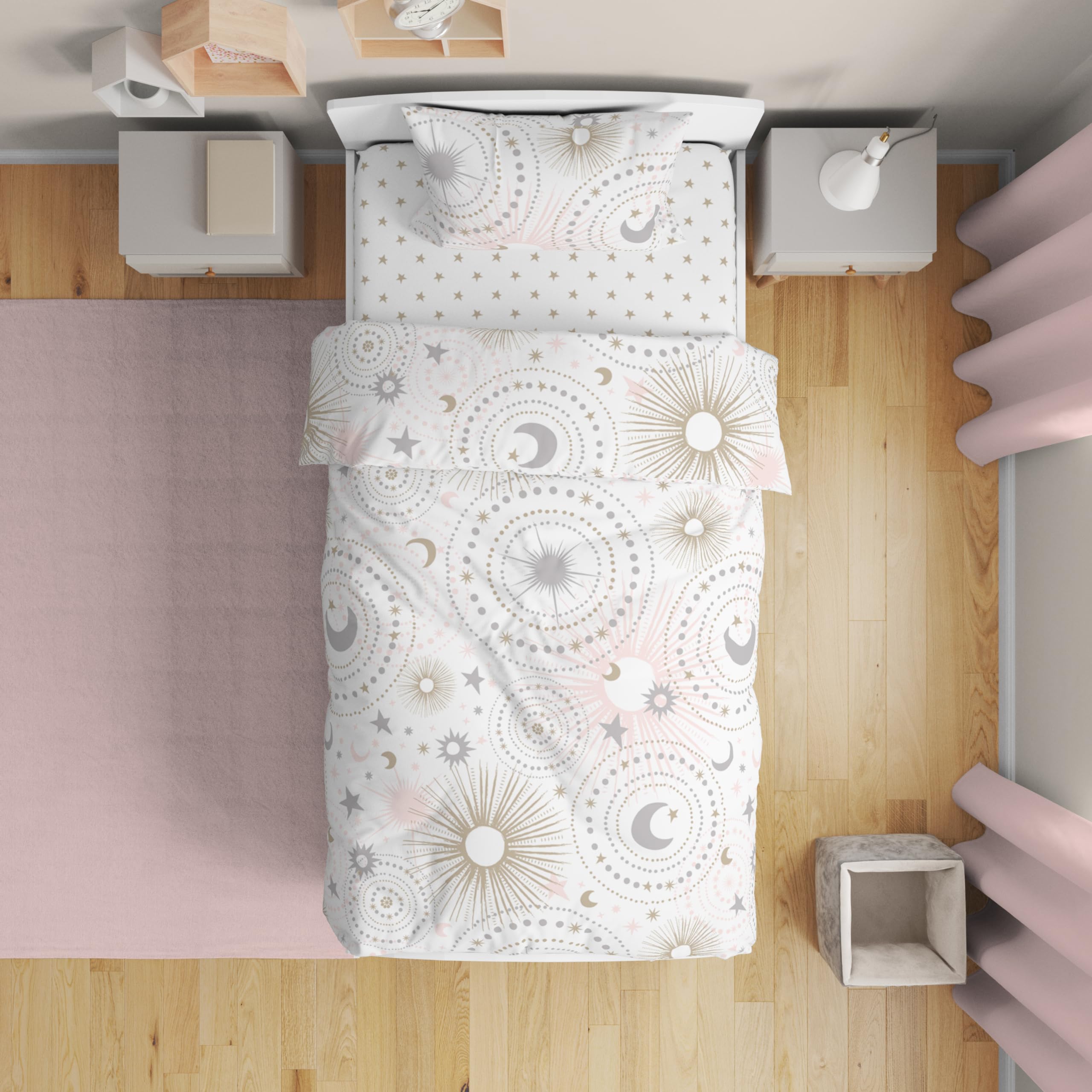 Blush Pink, Gold, Grey and White Star and Moon Celestial Girl Toddler Kid Childrens Bedding Set by Sweet Jojo Designs - 5 Pieces Comforter, Sham and Sheets