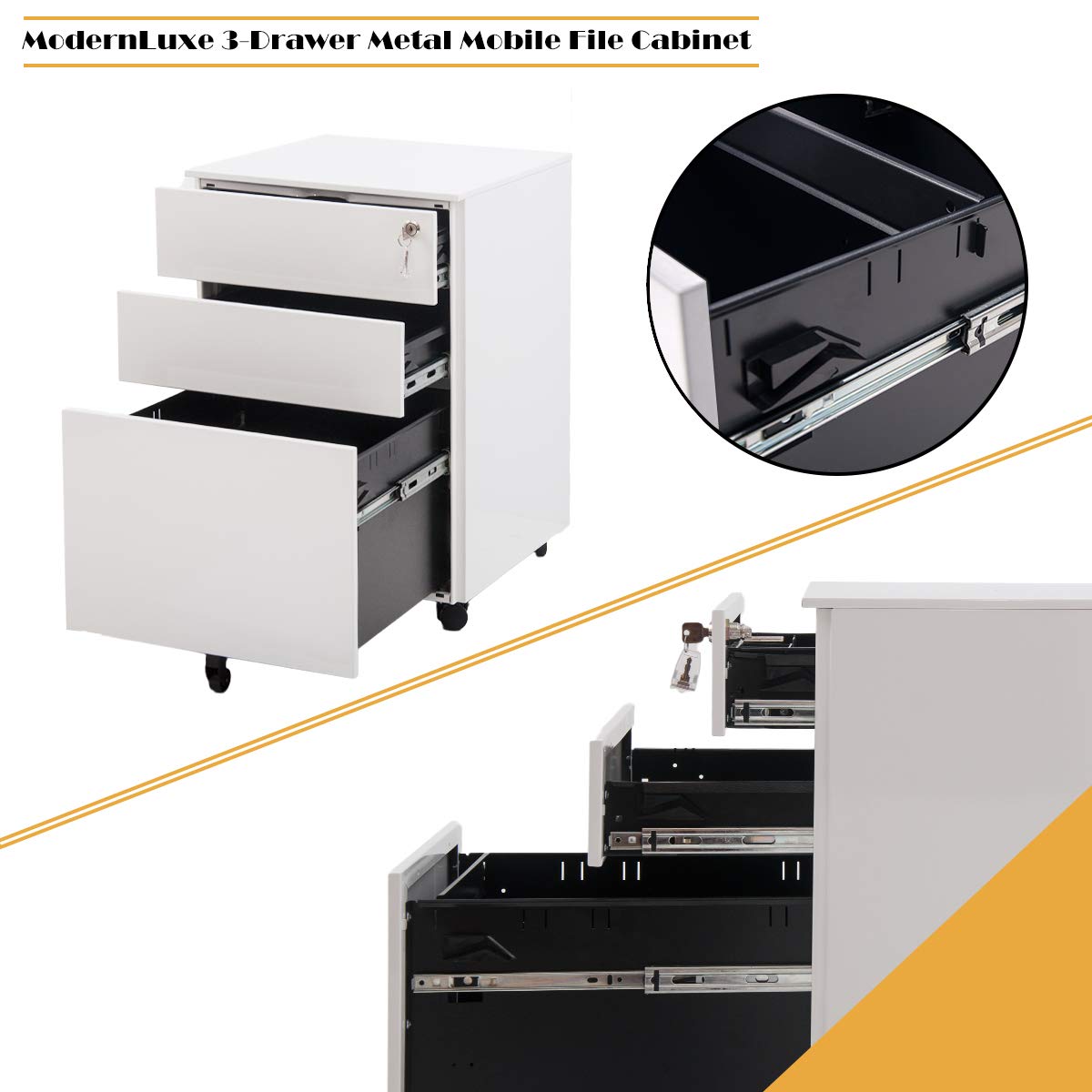 3 Drawer File Cabinet with Lock,Fully Assembled Mobile Metal Filing Cabinet for Home and Office, Steel, White