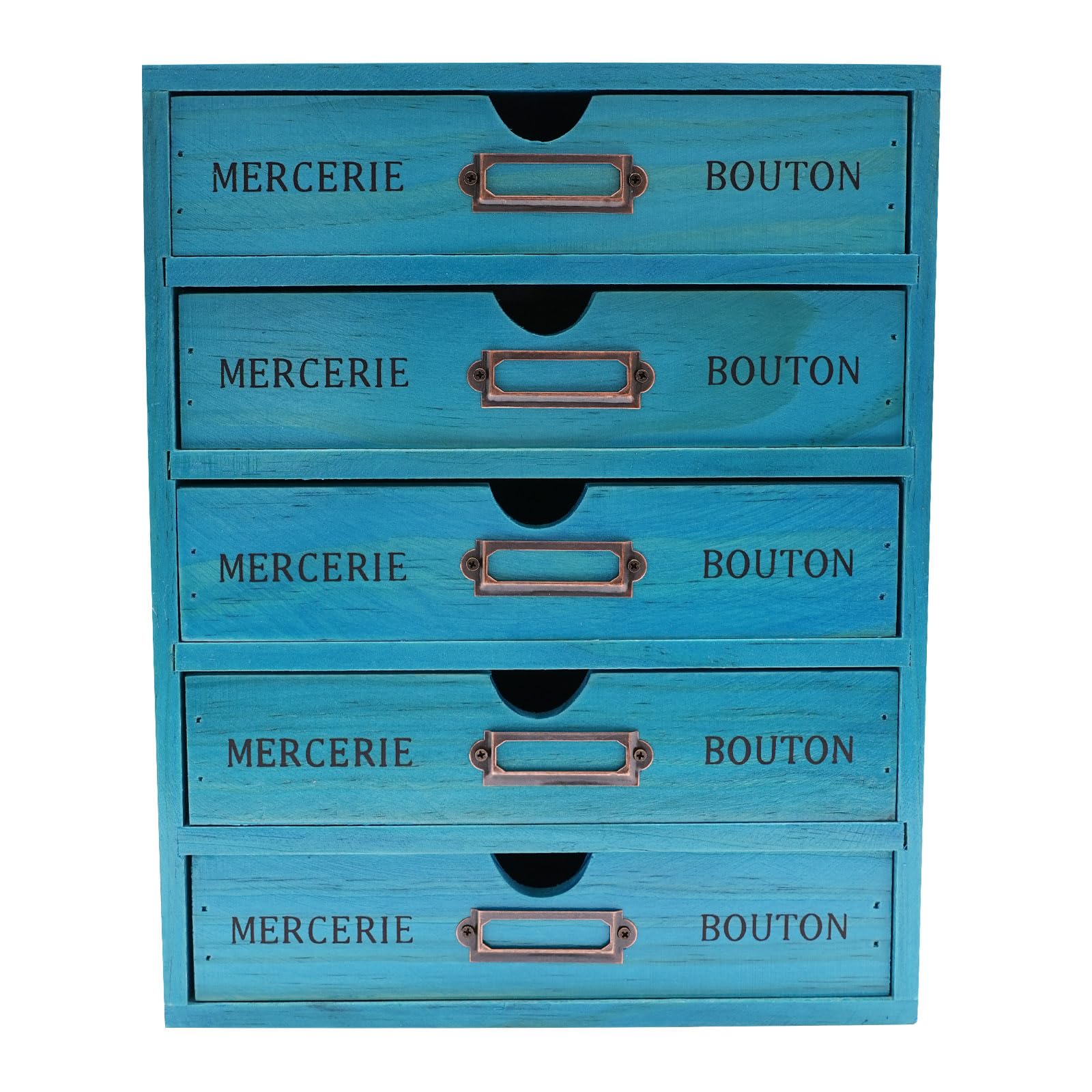 5 Drawer Wooden Desk Organizer, Wooden Storage Box Desktop Storage, Countertop Drawers Library Card Catalog Cabinet Apothecary Cabinet, Vintage Wood Home Office Desk Organizer (Blue)