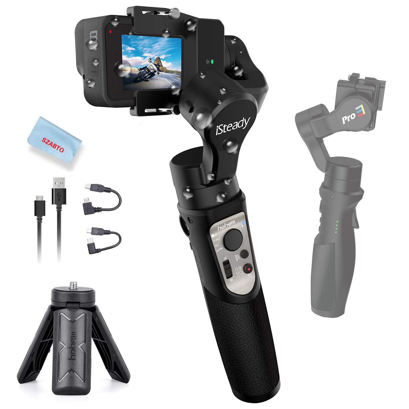 3-Axis Action Camera Gimbal Stabilizer for GoPro Hero 8/7/6/5/4/3, OSMO Action, Sony RX0, YI, SJCAM, Insta360 ONE R, WiFi Connection, Splash-Proof, 12H Battery Life, with Tripod, Hohem iSteady Pro 3