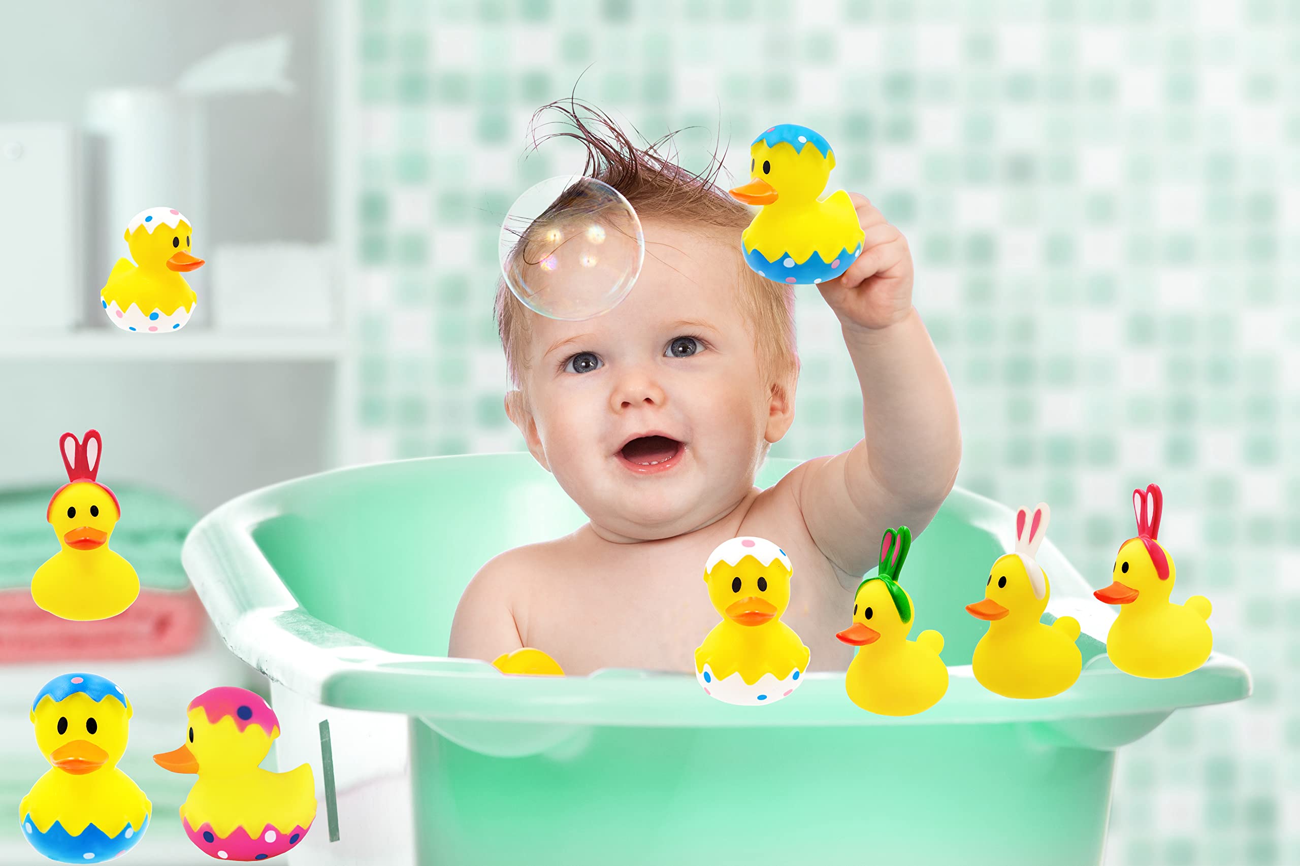 The Dreidel Company Happy Easter Rubber Duck Toy Bunny Rabbit Duckies for Kids Easter Eggs, Bath Birthday Gifts Baby Showers Summer Beach and Pool Activity, 2" (12-Pack)
