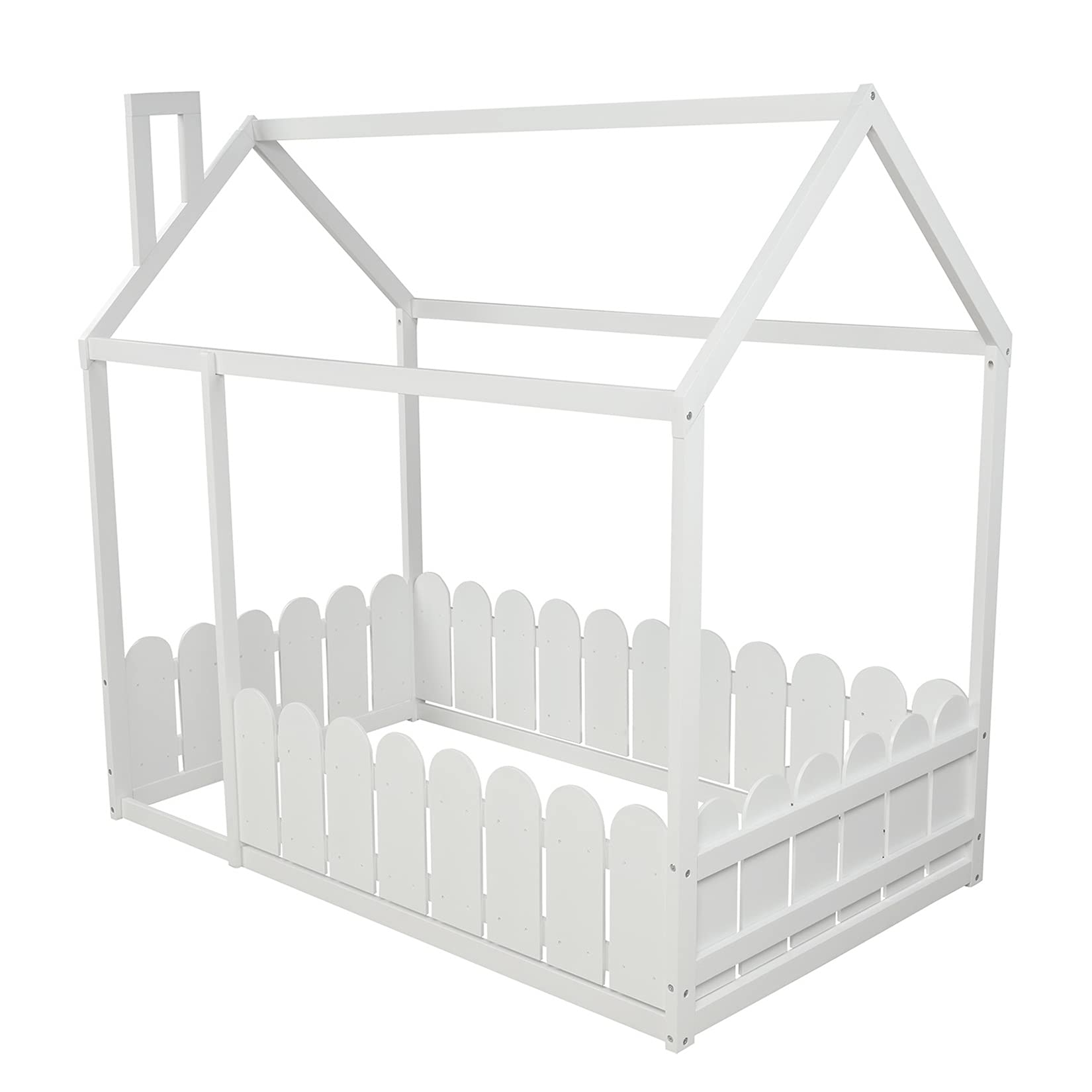 Harper & Bright Designs Kids House Beds, Twin Floor Bed with Fence Wood Cabin Bed Frame Can be Decorated for Kids, Teens, Girls, Boys, White