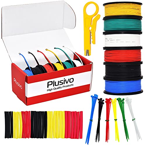24 AWG Stranded Wire Kit β Silicone Coated Copper Wires 24 Gauge Pre-Tinned 30ft/9m Each Spool, 6 Colors (Black, Red, Yellow, Green, Blue, White), Electrical Jumper Wire Hook Up Wire Kit from Plusivo