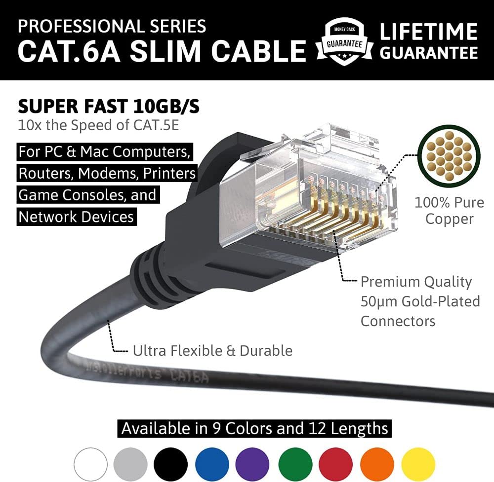 InstallerParts Ethernet Cable CAT6A Slim Cable UTP Booted 2 FT (10 Pack) - Black - Professional Series - 10Gigabit/Sec Network/High Speed Internet Cable, 550MHZ, 28AWG