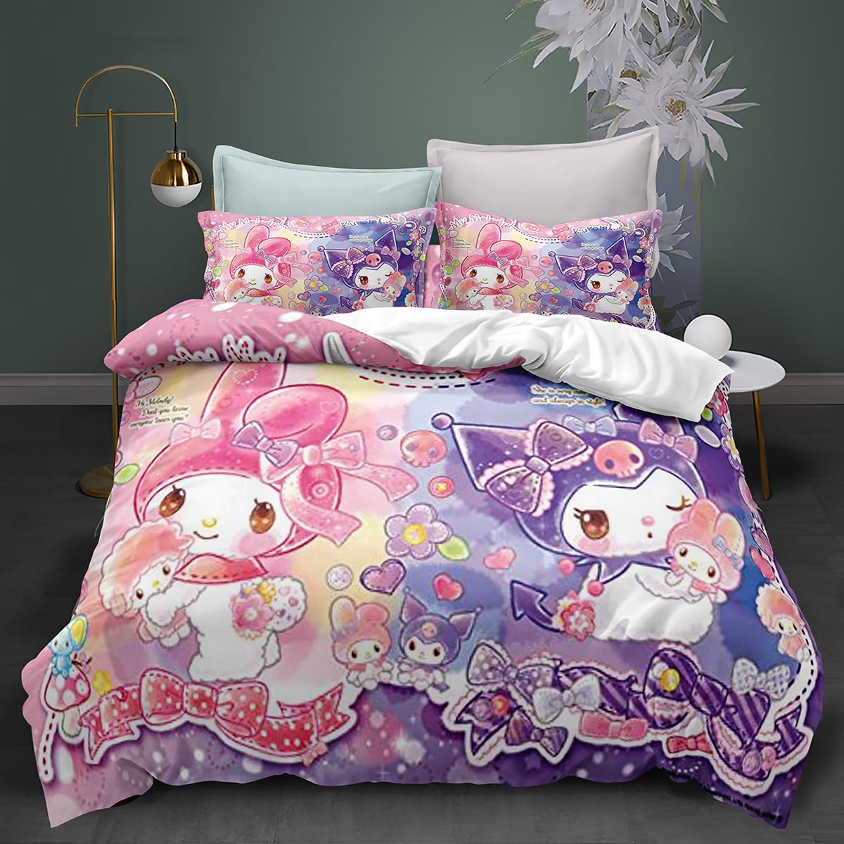 BAkume Kuromi 3 Piece Duvet Cover Set Ultra Soft and Breathable Bedding Set with Zipper Closure for Bedroom Room Decor