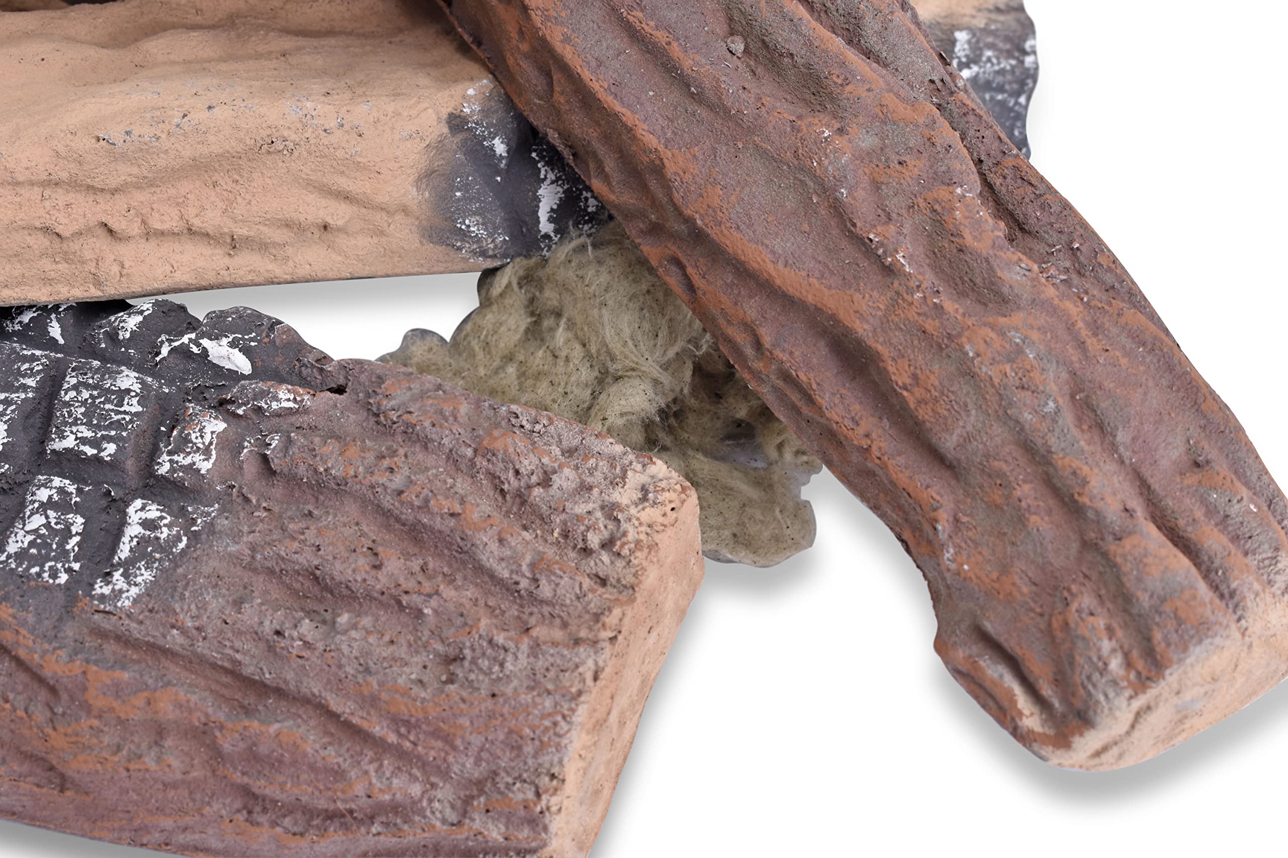 Chesio Ceramic Fire Log Set - 10 Piece Indoor Fireplace Logs - Complete with Rockwool Glowing Embers