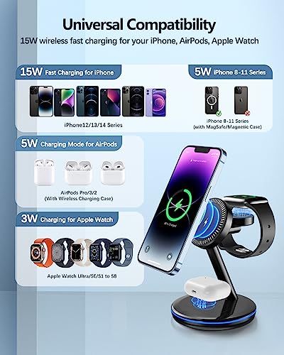 3 in 1 Charging Station for Apple Devices 18W Fast Mag-Safe Charger Stand Magnetic Wireless Charger Station for iPhone 15 14 13 12 Pro/Pro Max/Plus/Mini AirPods 2/3/Pro iWatch Ultra/8/7/SE/6/5/4/3/2